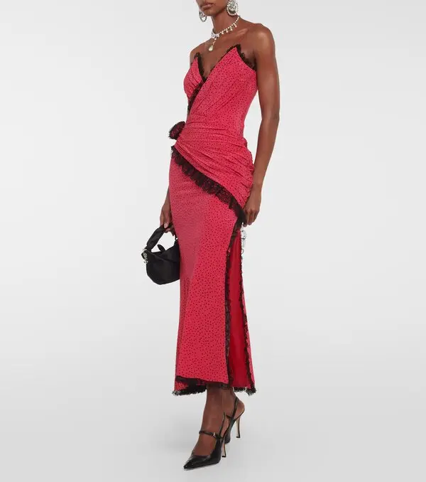Alessandra Rich Polka Dot Silk Maxi Dress With Floral Applique - Fuchsia/black