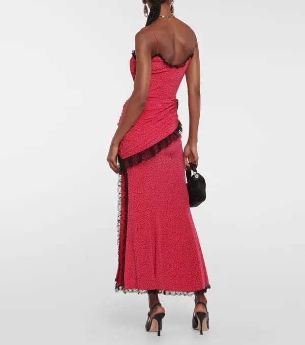 Alessandra Rich Polka Dot Silk Maxi Dress With Floral Applique - Fuchsia/black