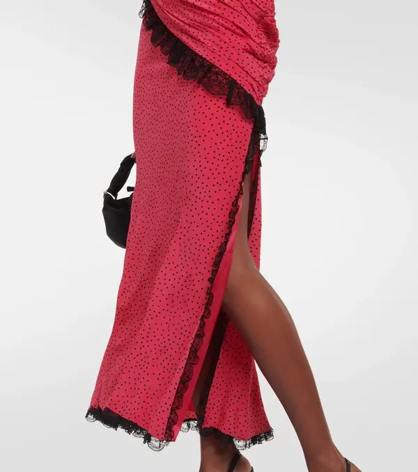 Alessandra Rich Polka Dot Silk Maxi Dress With Floral Applique - Fuchsia/black