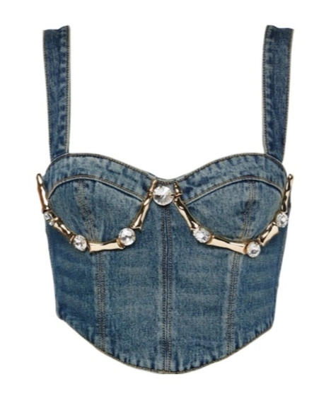 AREA Claw Embellished Denim Bustier - Blue