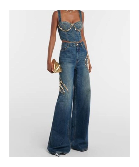AREA Claw Embellished Denim Bustier