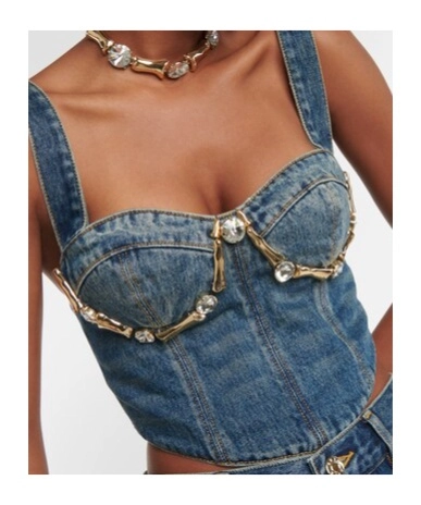 AREA Claw Embellished Denim Bustier