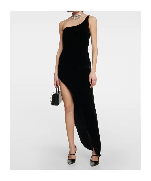 Alessandra Rich One-shoulder Velvet Maxi Dress