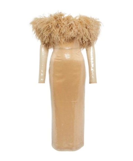David Koma Feather-trimmed Sequined Midi Dress - Nude