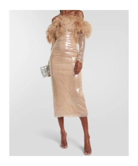 David Koma Feather-trimmed Sequined Midi Dress - Nude
