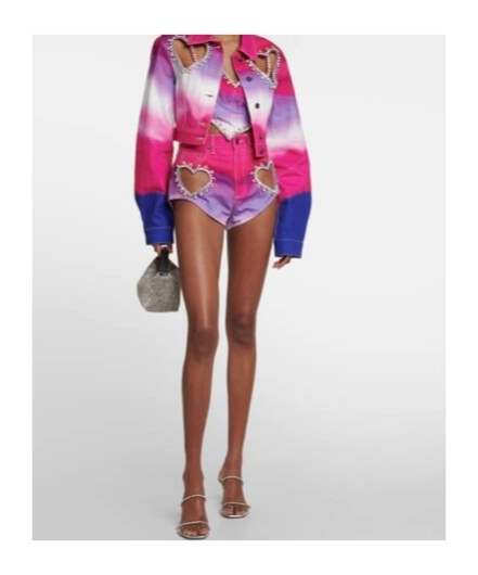 AREA Cropped Embellished Ombré Denim Top
