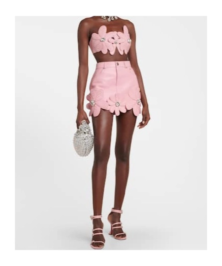 AREA Mussel Flower Embellished Leather Strapless Top
