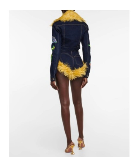 AREA Mohair-trimmed Cropped Denim Jacket
