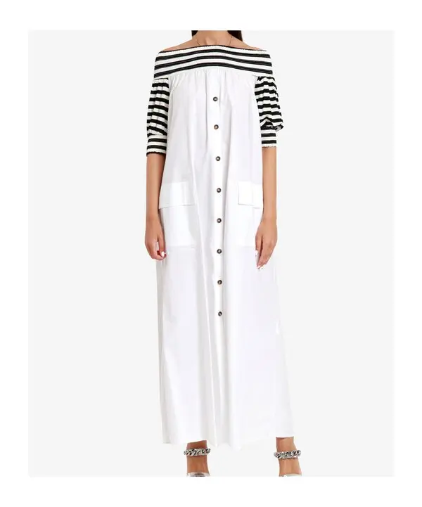 KAOS Off-the-shoulder Striped Bodice Short Sleeve Maxi Dress
