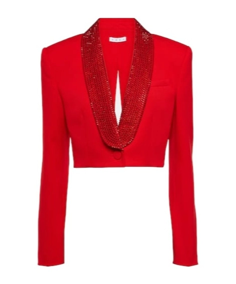 AREA Crystal-embellished Cropped Wool Blazer - Red