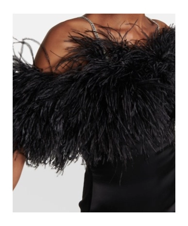 David Koma Feather-trimmed Satin Midi Dress
