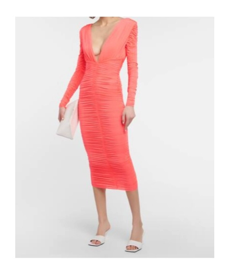 Alex Perry Marin Ruched V-neck Long Sleeve Midi Dress