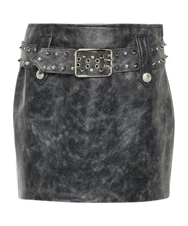 Alessandra Rich Belted Embellished Leather Miniskirt - Dark Gray