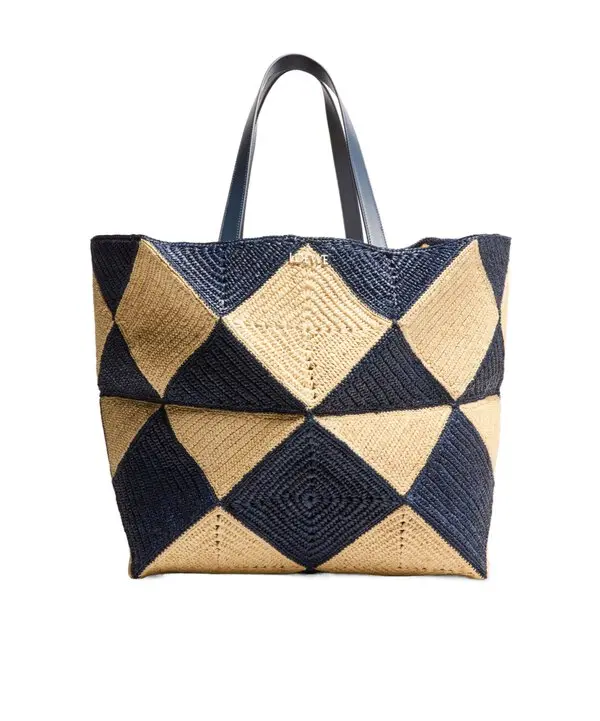 Loewe Puzzle Fold Diamond Xxl Tote In Raffia - Black