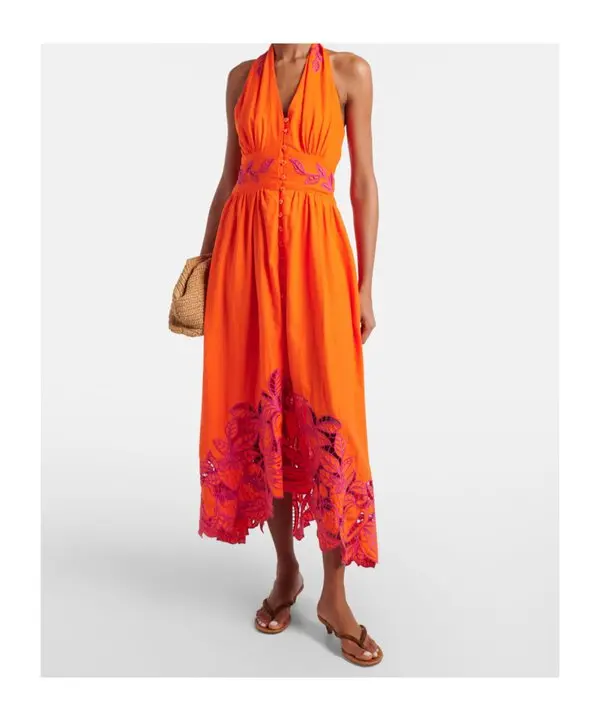 Farm Rio Hollowed-out Lace Trim Midi Dress - Red