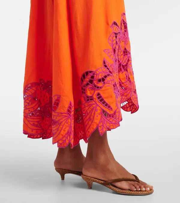Farm Rio Hollowed-out Lace Trim Midi Dress - Red