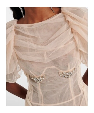 Simone Rocha Embellished Ruched Mesh Midi Dress