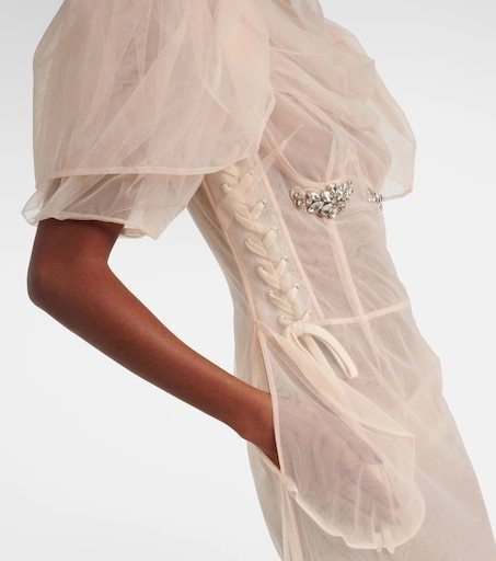 Simone Rocha Embellished Ruched Mesh Midi Dress