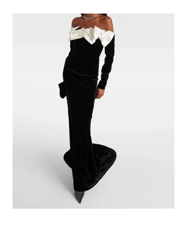 Alessandra Rich Bow-decorated Off-the-shoulder Velvet Dress