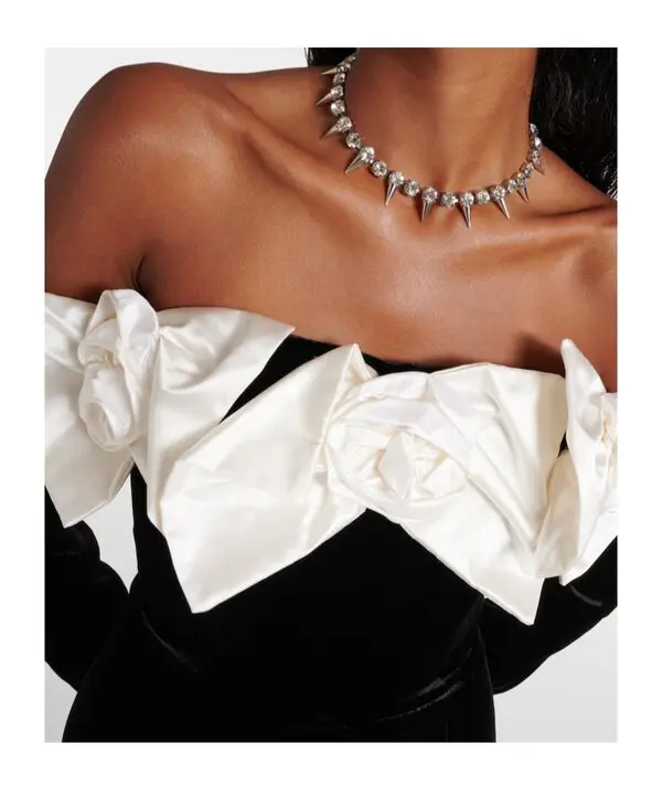 Alessandra Rich Bow-decorated Off-the-shoulder Velvet Dress
