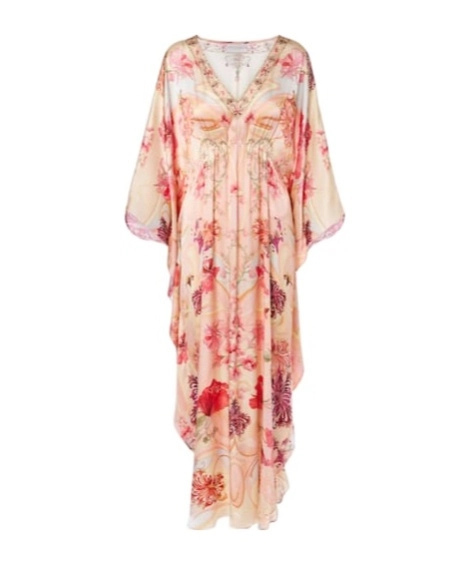 Camilla Embellished Floral Silk Kaftan - Nude