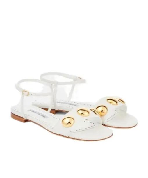 Manolo Blahnik Chaouhen Embellished Leather Sandals - White