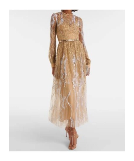 Elie Saab Embroidered Tulle Midi Dress
