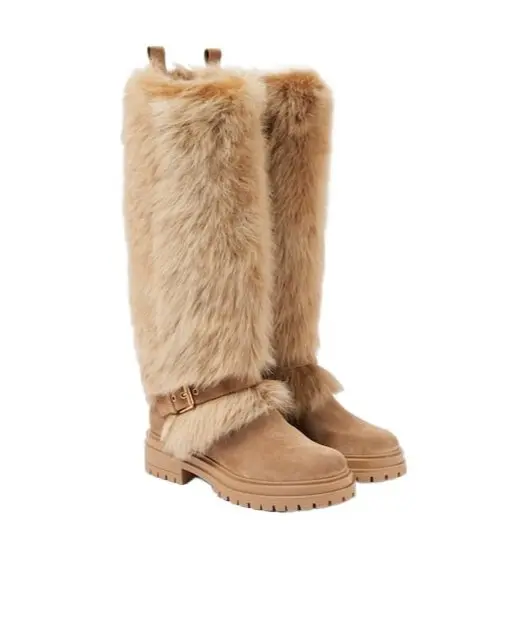 GIANVITO ROSSI Shearling-trimmed Suede Knee-high Boots - Nude