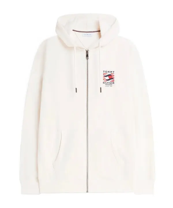 Tommy Hilfiger Flag Embroidery French Terry Zip-thru Hoody - Ivory Petals