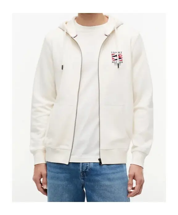 Tommy Hilfiger French Terry Zip-through Hoody With Flag Embroidery - Ivory Petals