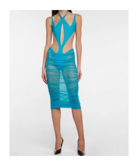 MUGLER Cutout Paneled Tulle Midi Dress