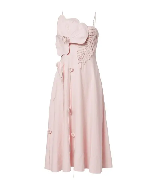 Farm Rio Floral-appliqué Linen-blend Midi Dress - Pink