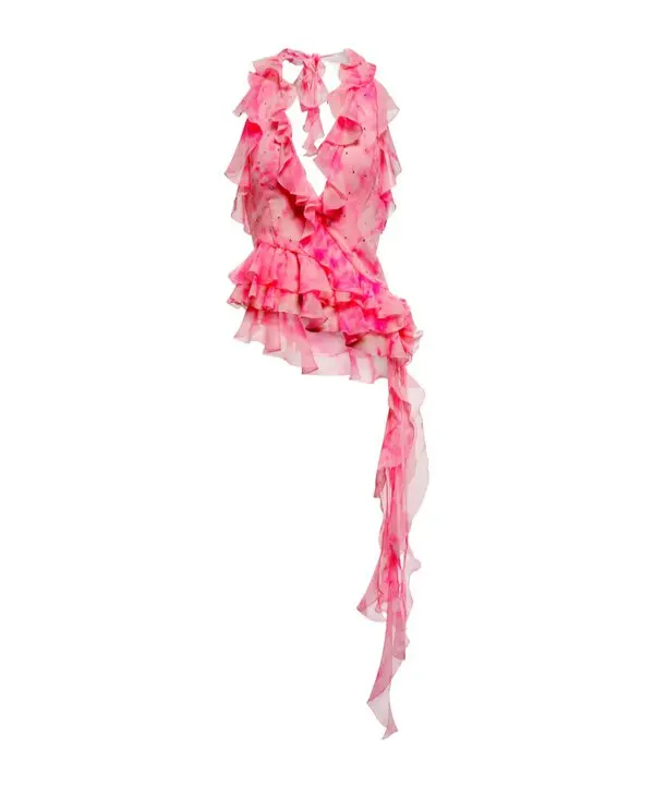 Alessandra Rich Crystal-embellished Ruffled Silk Georgette Halter Top