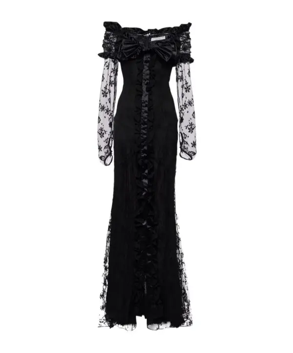 Alessandra Rich Bow-decorated Ruffled Off-shoulder Lace Dress