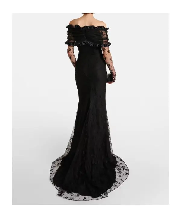 Alessandra Rich Bow-decorated Ruffled Off-shoulder Lace Dress