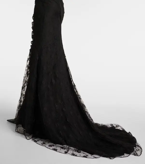 Alessandra Rich Bow-decorated Ruffled Off-shoulder Lace Dress