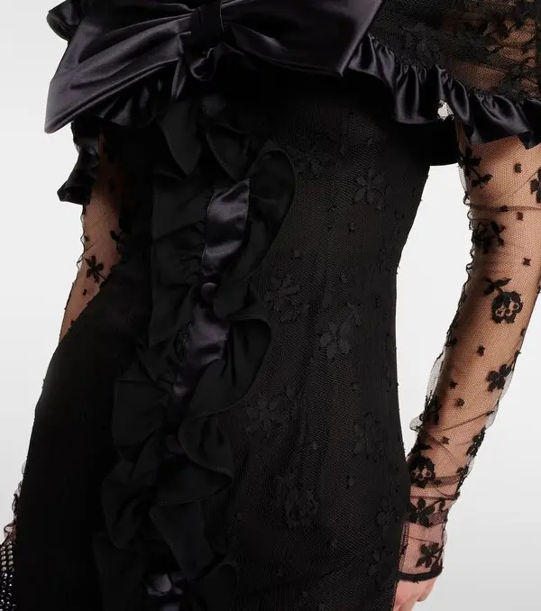 Alessandra Rich Bow-decorated Ruffled Off-shoulder Lace Dress