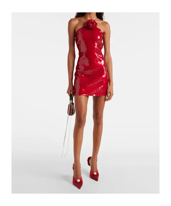Magda Butrym Floral Appliqué Sequined Halterneck Mini Dress - Red