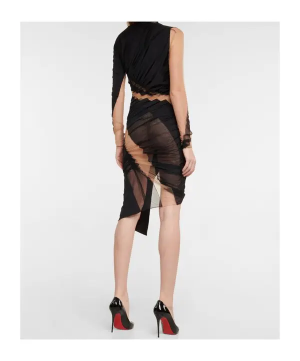 MUGLER Ruched Tulle-paneled Asymmetrical Minidress