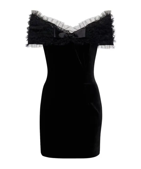 Alessandra Rich Off-shoulder Velvet And Tulle Minidress - Black