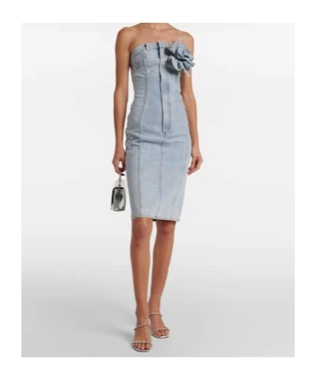 AREA Floral Appliqué Strapless Denim Midi Dress