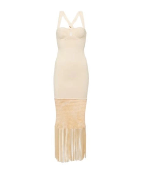 Galvan Diana Fringed Midi Dress - Nude