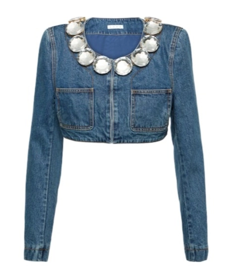 AREA Embellished Cropped Denim Jacket