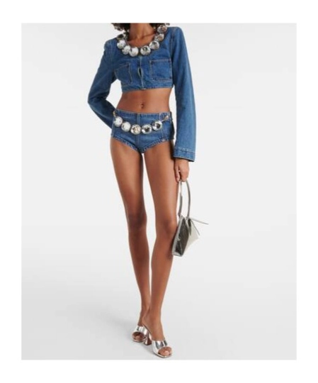 AREA Embellished Cropped Denim Jacket
