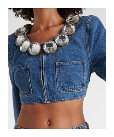 AREA Embellished Cropped Denim Jacket