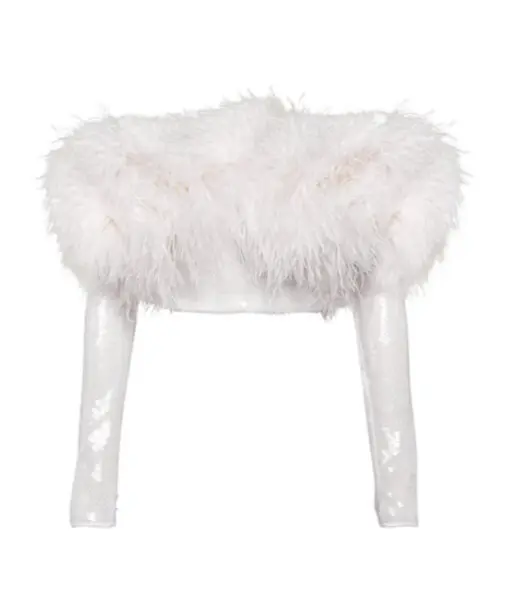 David Koma Sequined Feather-trimmed Crop Top