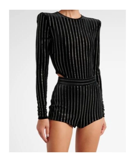 Alex Perry Crystal-embellished Pinstripe Velvet Bodysuit