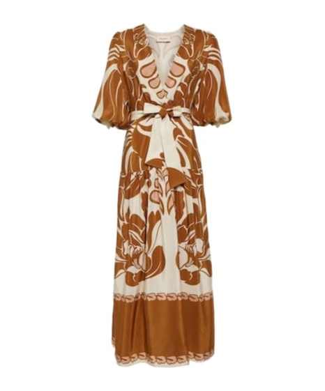 ADRIANA DEGREAS Printed Puff-sleeve Silk Maxi Dress - Brown