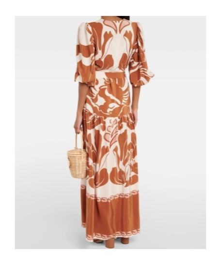 ADRIANA DEGREAS Printed Puff Sleeve Silk Maxi Dress - Brown