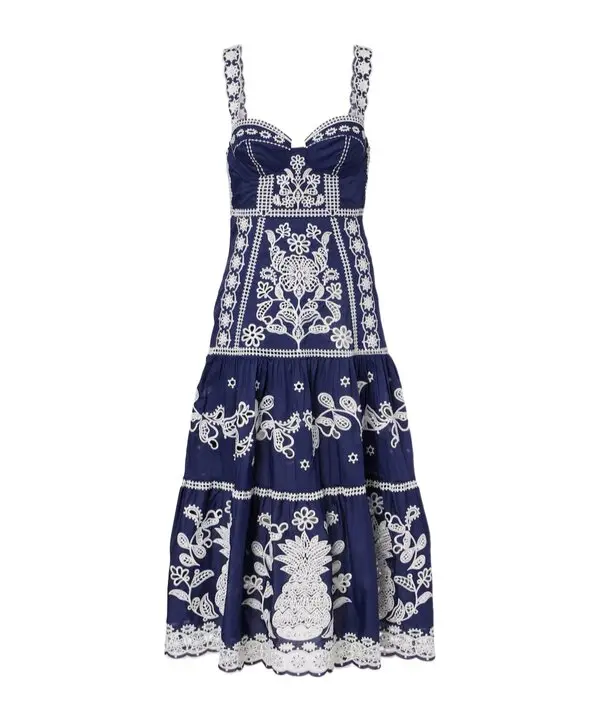 Farm Rio Embroidered Cotton Midi Dress - Blue